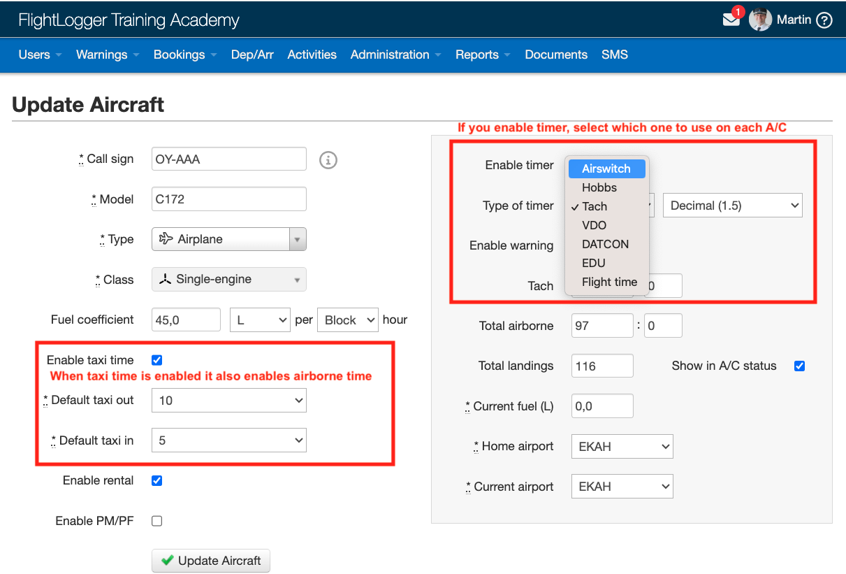 Aircraft time tracking in FlightLogger
